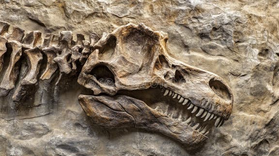 Dinosaur Skeleton Embedded in Stone Wall Showing Sharp Teeth Stock ...