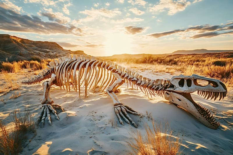 Post Apocalyptic Dinosaur Skeleton Resting on Dry Sand at Sunset Stock ...