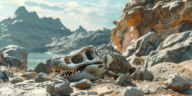 Dinosaur Skeleton in Mountainous Landscape. Created by Generative ...