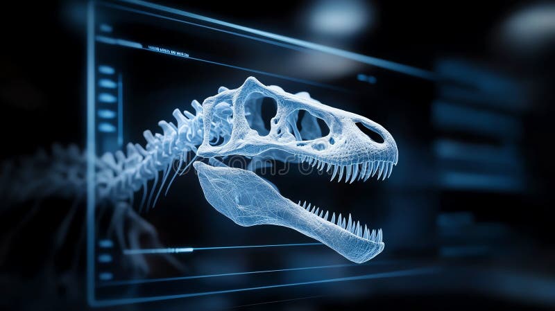 Dinosaur Skeleton X-ray Displayed on a Digital Screen with Blue ...
