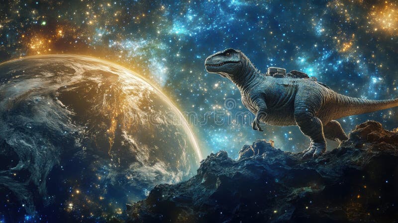A Dinosaur is Standing on Top of a Rock in Front of the Earth, AI Stock ...