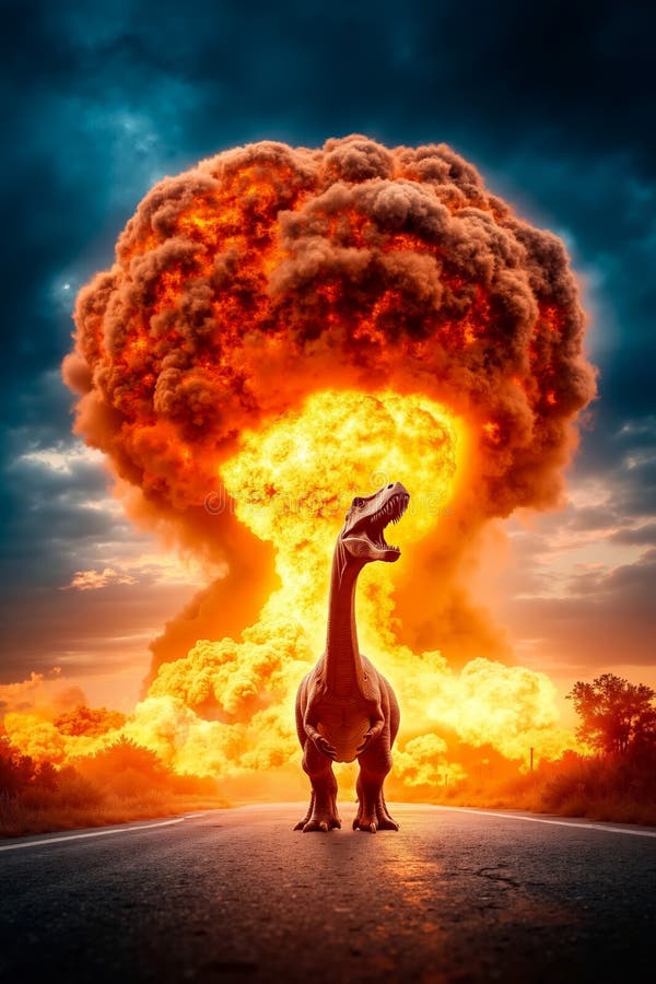 A Dinosaur Standing in the Middle of a Road with a Large Explosion in ...