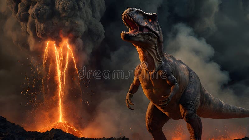 A Dinosaur Stands Near a Volcanic Eruption, Showcasing a Dramatic ...