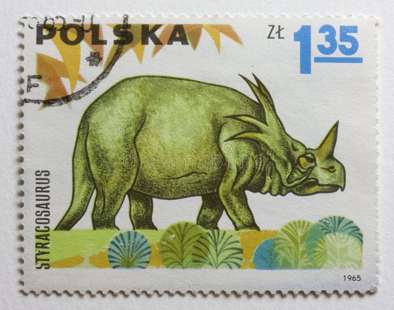 Dinosaur (styracosaurus) on Vintage Post Stamp Editorial Photography ...