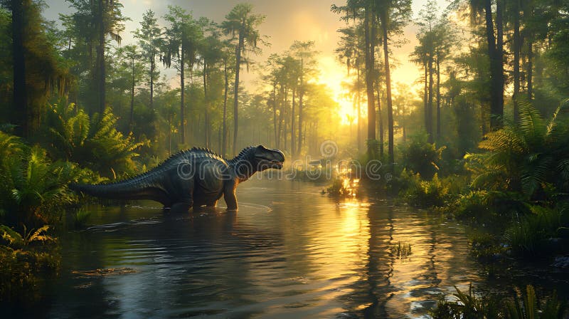 Dinosaur Wading Swamp Sunrise Prehistoric Jungle Scene Stock ...