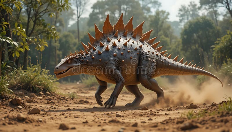 Dinosaur Walking through Dirt Path with Forest Background Concept Stock ...