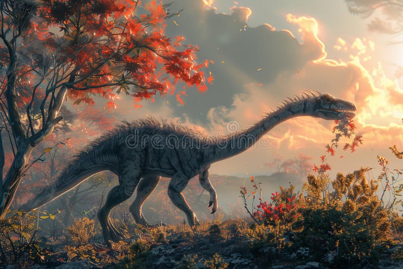 A Dinosaur is Walking through a Forest with Leaves Falling from the ...