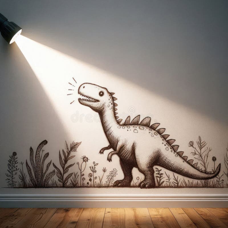 Dinosaur on the Wall Under the Light of a Lamp. Stock Image - Image of ...