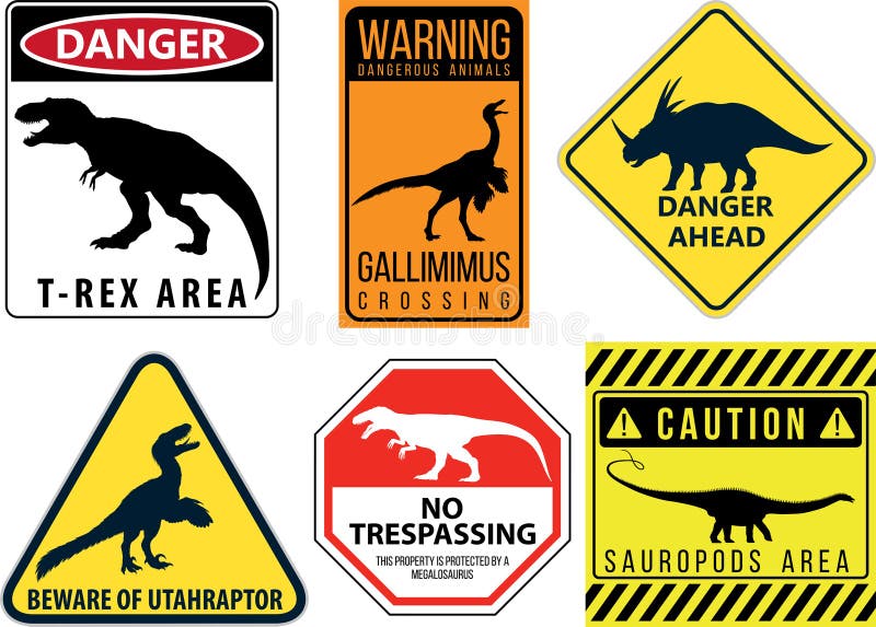 Dinosaur Warning Sign Stickers Pack, Vector Stock Illustration ...