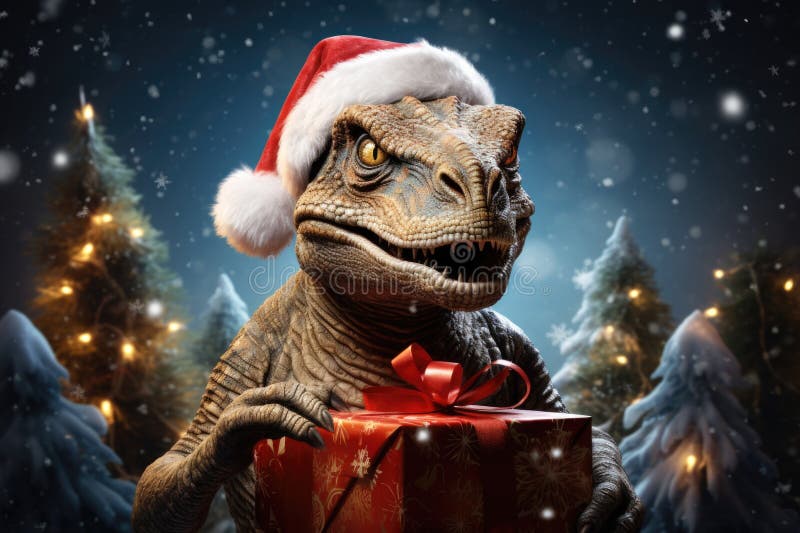 A Dinosaur Wearing a Santa Hat Holding a Gift, AI Stock Illustration ...