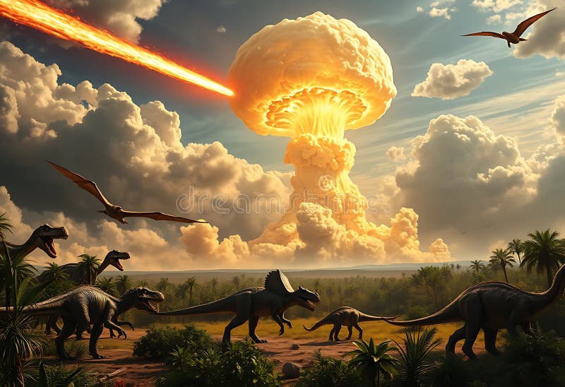 Dinosaurs Facing Fiery Asteroid Impact Dramatic Sky Scene Stock ...