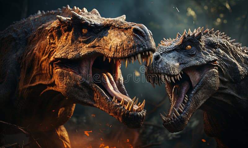 Dinosaurs Fighting Over Fire in Forest Stock Photo - Image of reptiles ...