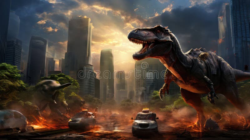 Dinosaurs Invading a Futuristic City in a Post-apocalyptic Scene Stock ...