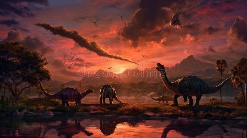 Dinosaurs Landscape at Sunset. Generative AI Stock Illustration ...