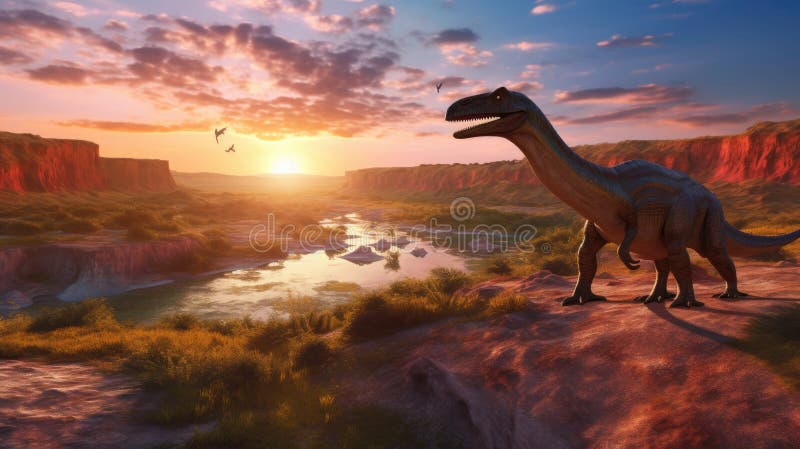 Dinosaurs Landscape at Sunset. Generative AI Stock Illustration ...