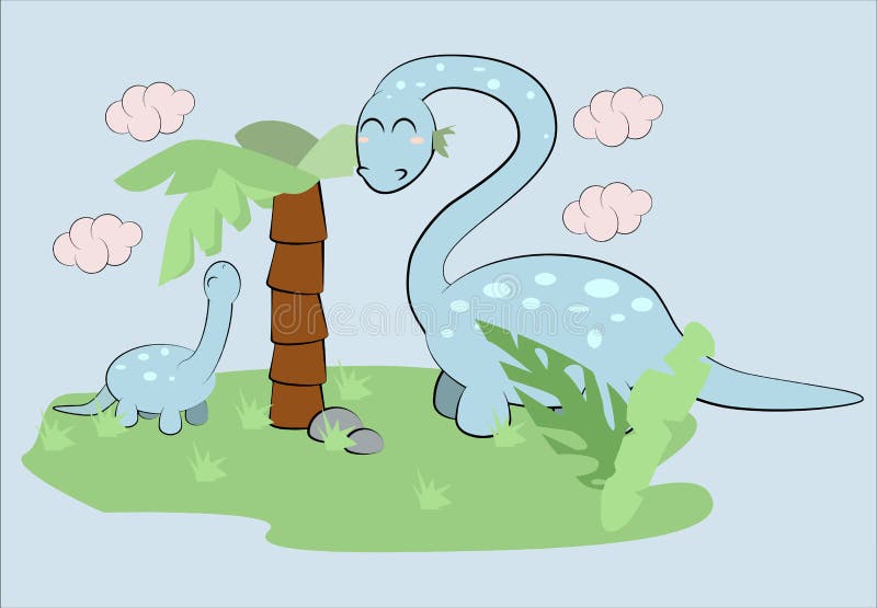 Dinosaurs with a Long Neck Eat a Palm Tree while on the Island Stock ...