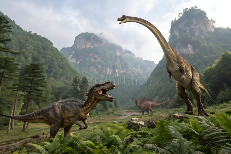 Dinosaurs in a Prehistoric Landscape Stock Illustration - Illustration ...