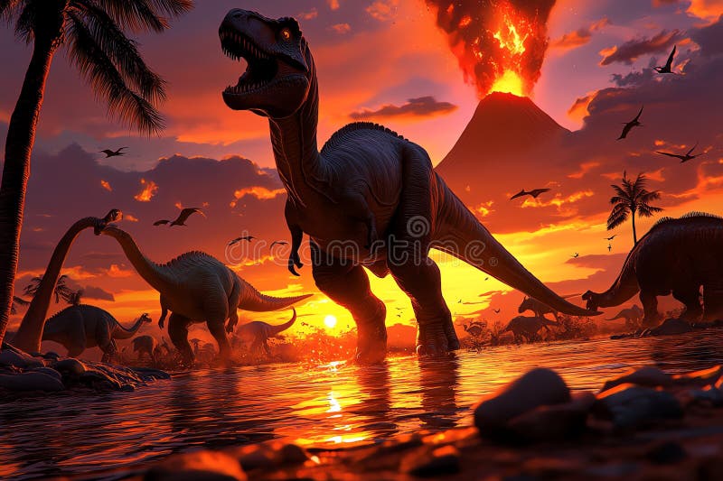 Dinosaurs in a Prehistoric Landscape with a Erupting Volcano at Sunset ...