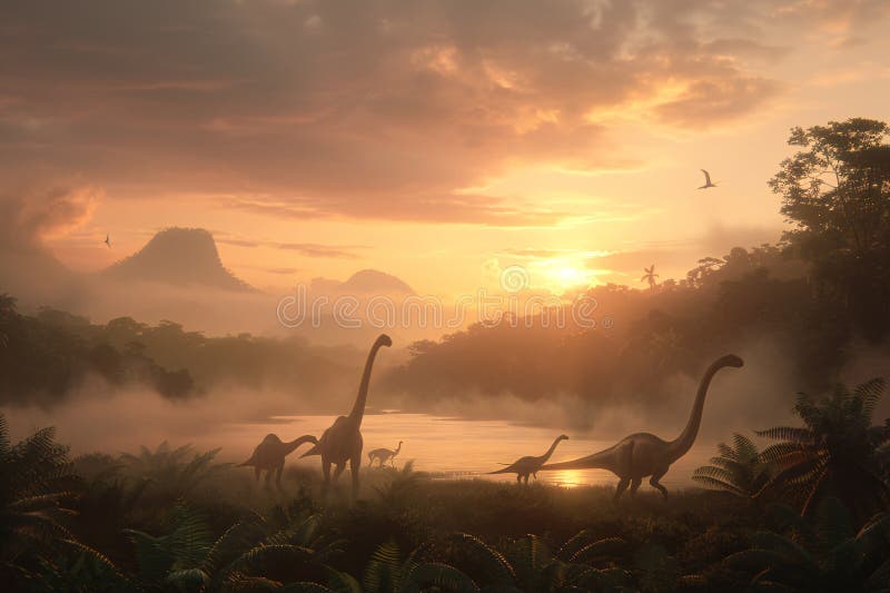 Dinosaurs Roaming a Misty Ancient Landscape at Sunset with Mountainous ...