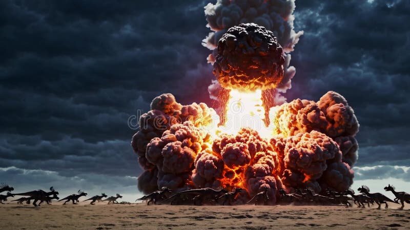 Dinosaurs Running Across a Dusty Plain As Massive Meteor Falls from Sky ...