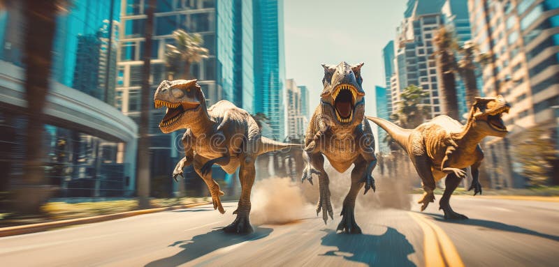 Dinosaurs Running through a Modern City Stock Image - Image of modern ...