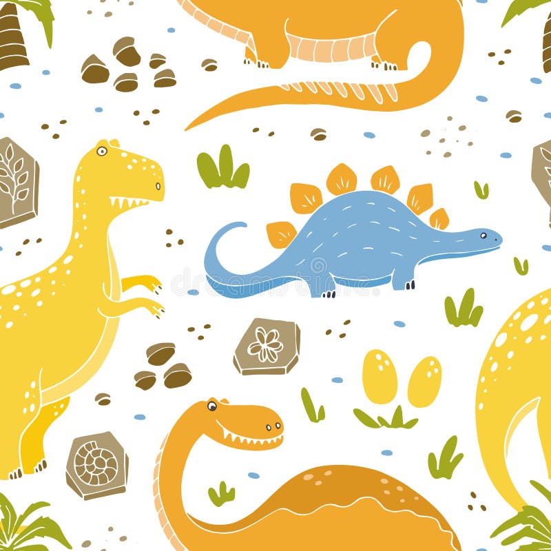 Dinosaurs Seamless Patterns with Funny Dinosaurs in Cartoon Style Stock ...