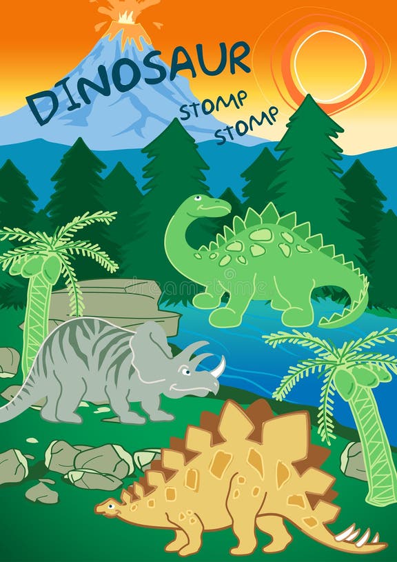 Dinosaurs Stomp Stomp Next To a Volcano Stock Vector - Illustration of ...