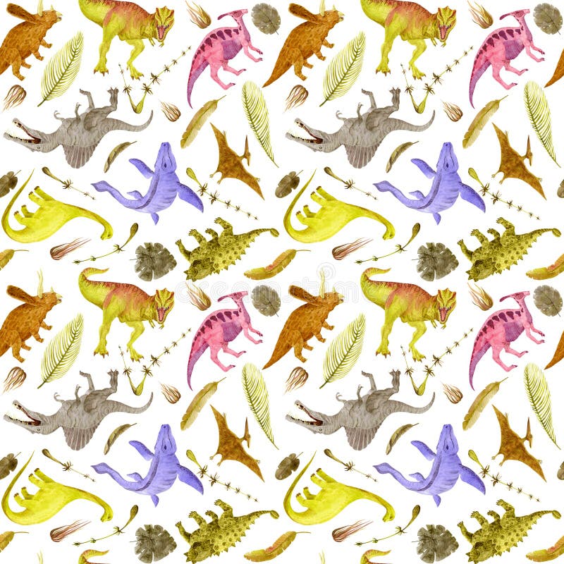 Dinosaurs Wallpaper. Seamless Pattern on White. Watercolor Illustration ...