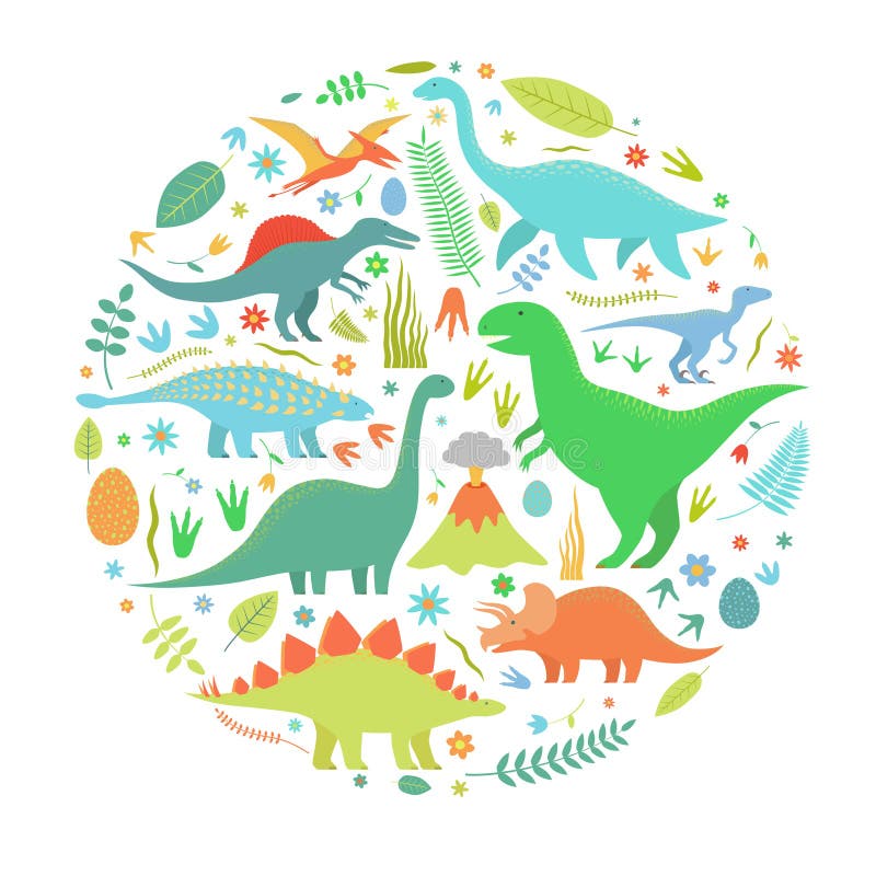 Dinosaurs Circle Flat Vector Icon Set Stock Vector - Illustration of ...