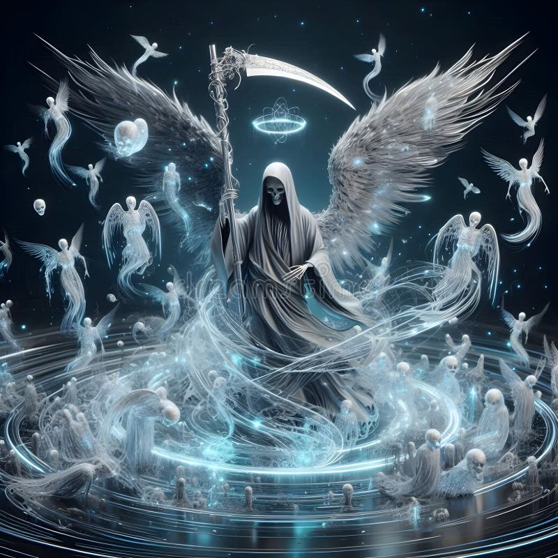 Diorama Angel of Death Holding a Scythe with Holographic Spirits and ...