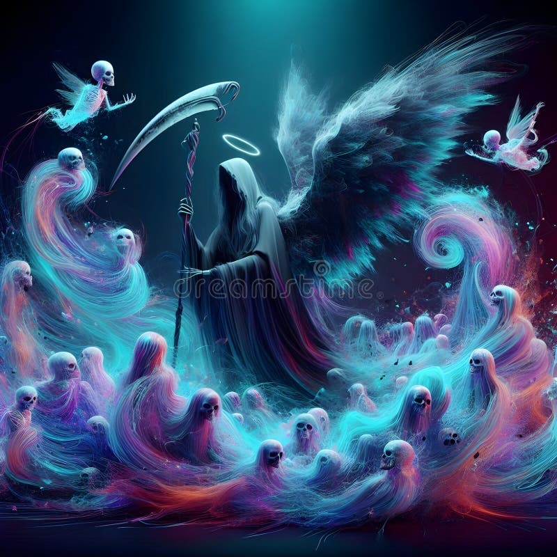 Diorama Angel of Death Holding a Scythe with Holographic Spirits and ...