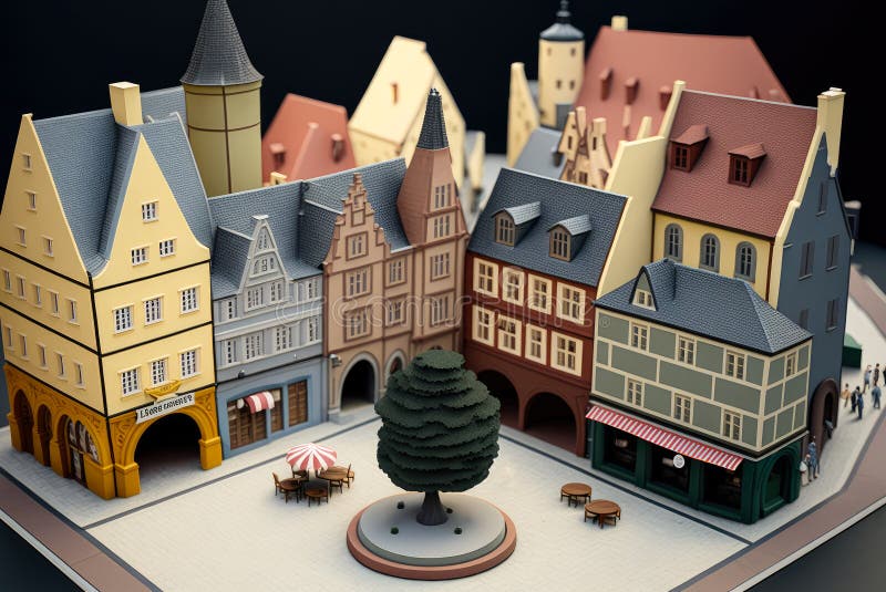 Diorama of a Town Square with Buildings and a Tree in the Middle ...