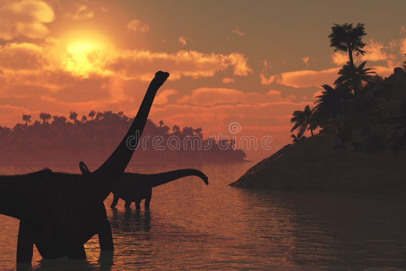 Diplodocus Dinosaurs at Sunset Stock Illustration - Illustration of ...
