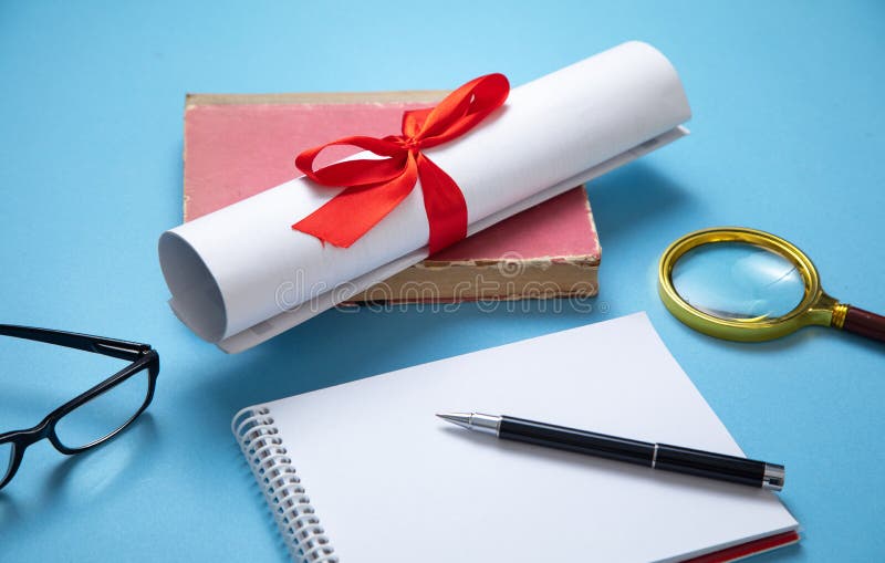 Diploma and Business Objects on the Blue Background Stock Image - Image ...