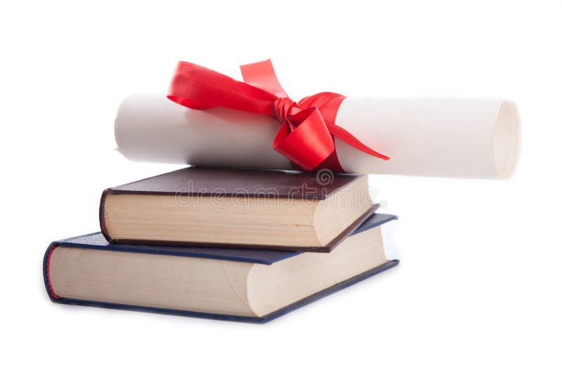 Diploma on Top of Stack of Books Isolated on White Stock Image - Image ...