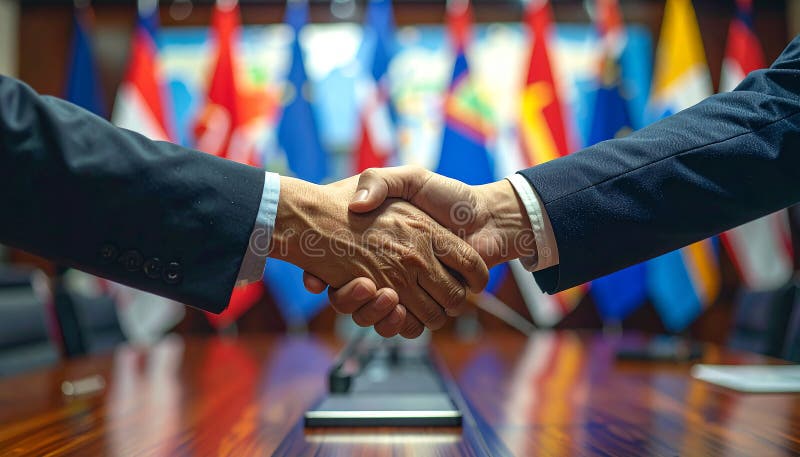 Diplomatic Agreement Sealed with a Handshake Amidst World Flags Stock ...