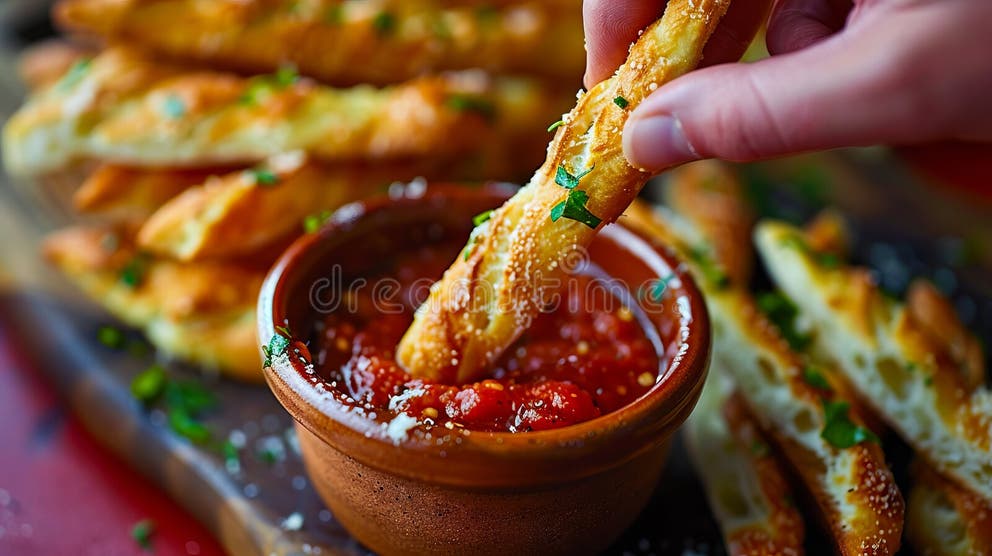 Dipping Bread Sticks in Tomato Sauce Stock Photo - Image of hand, dish ...