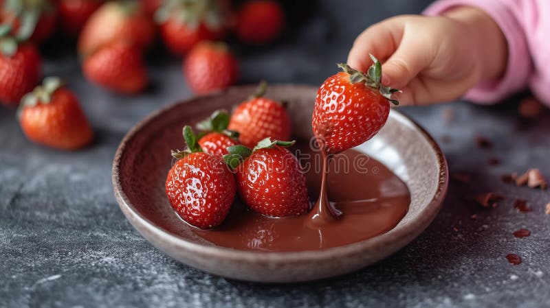Dipping Fresh Strawberries into Melted Chocolate Stock Photo - Image of ...