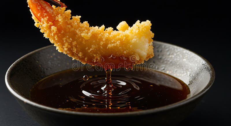 Dipping Fried Shrimp in Sauce with Dripping Liquid for Appetizer Stock ...