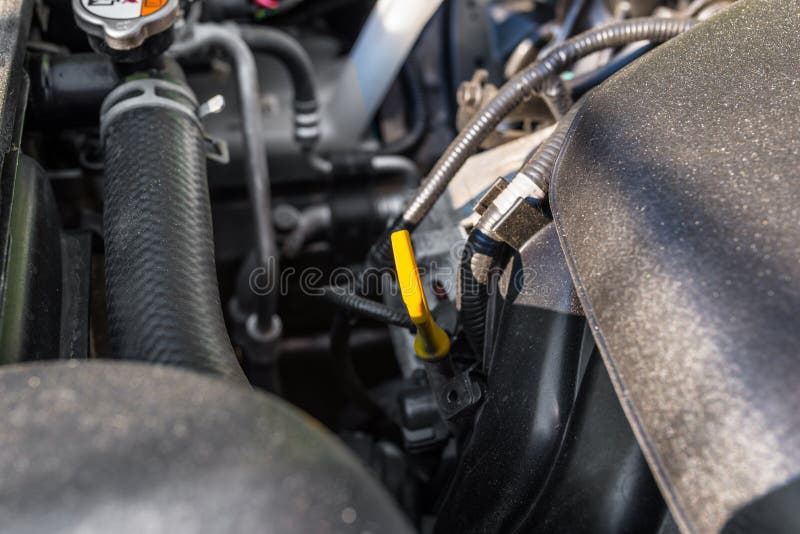 Dipstick for Checking the Oil Level in a Car Engine in Yellow. Stock ...