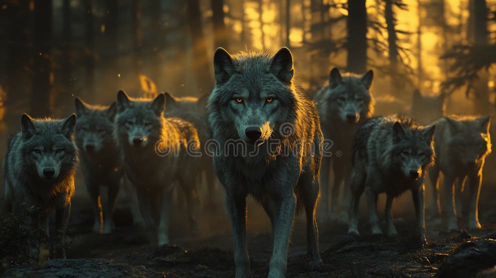 Dire Wolf Pack Hunting at Twilight in Dense Forest, Dramatic Shadows ...