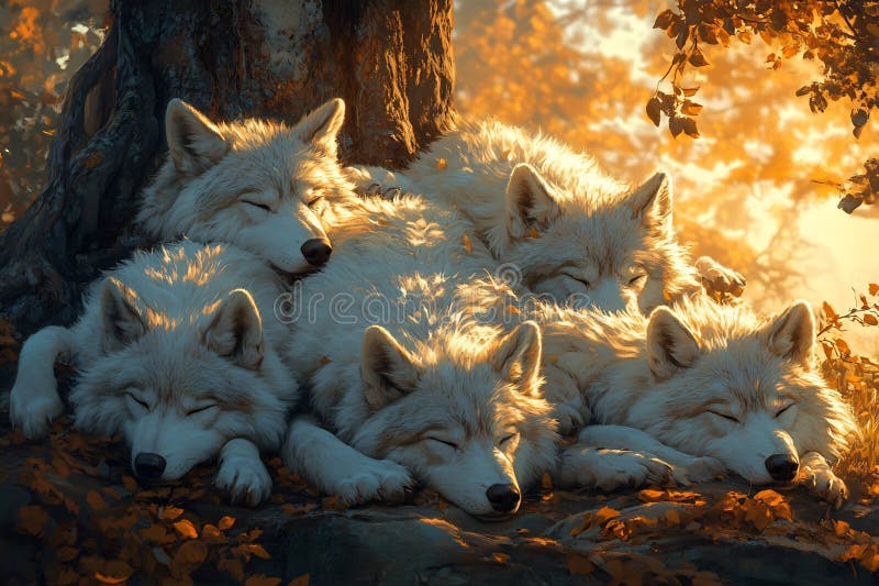 Dire Wolves Huddled Under Tree Sleeping Together, Morning Light Casting ...