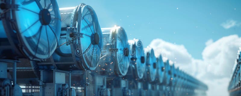 Direct Air Capture Devices in Operation, Clear Sky Background, Emphasis ...