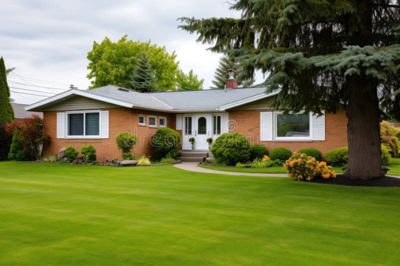 Direct Front Shot of a Ranch with a Brick Facade and Tall Shrubbery ...