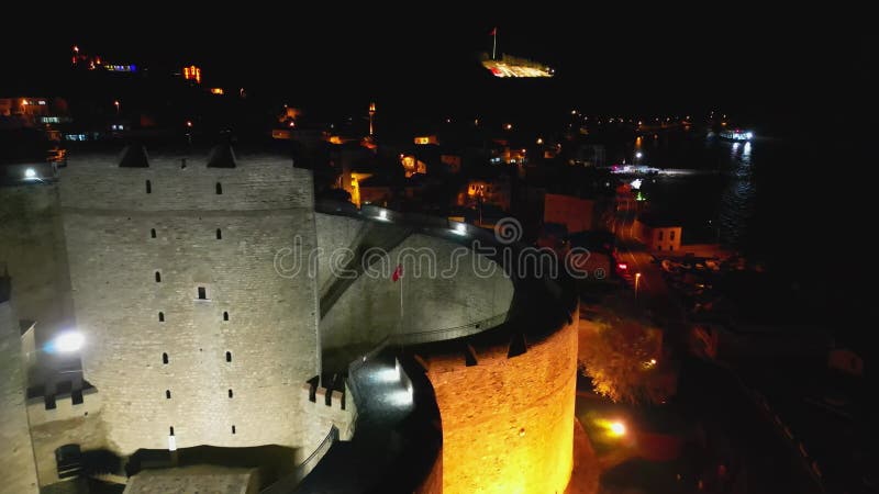Direct Overhead Night View of Turkish Fortress with Tri-tower Structure ...