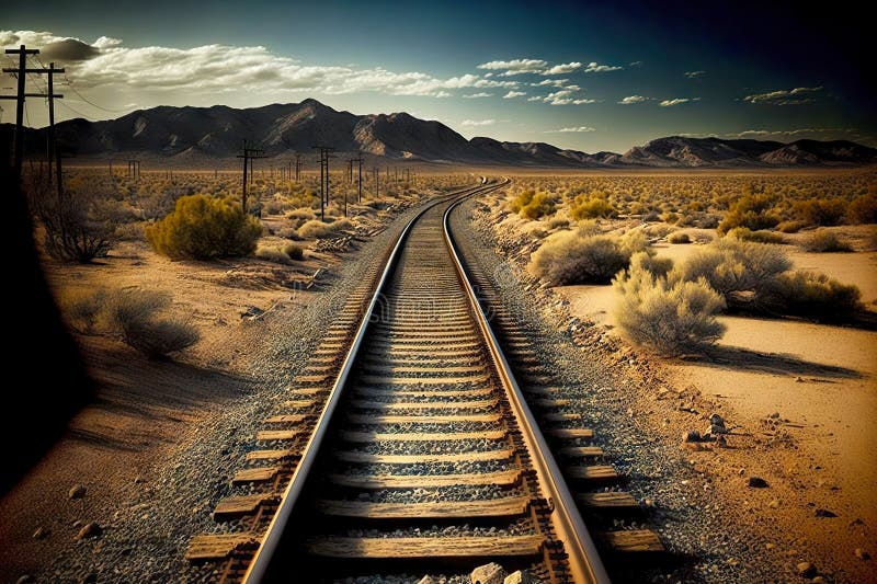 Direct Path Railways Extending into Distance through Desert Landscape ...
