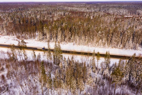 Direct Road through Winter Forest. View from Above Stock Image - Image ...