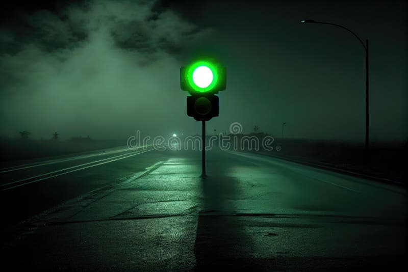 Directing Green Traffic Light on Desolate Road at Night Stock ...