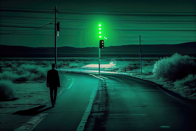 Directing Green Traffic Light on Desolate Road at Night Stock ...