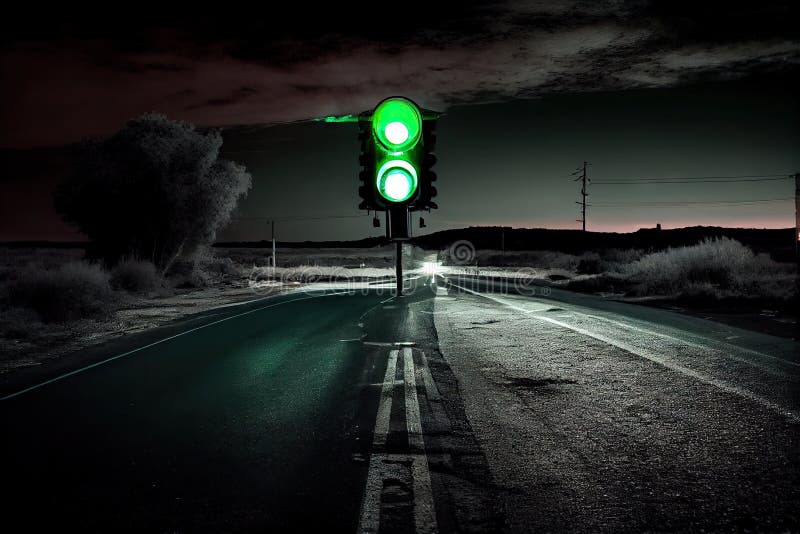 Directing Green Traffic Light on Desolate Road at Night Stock ...